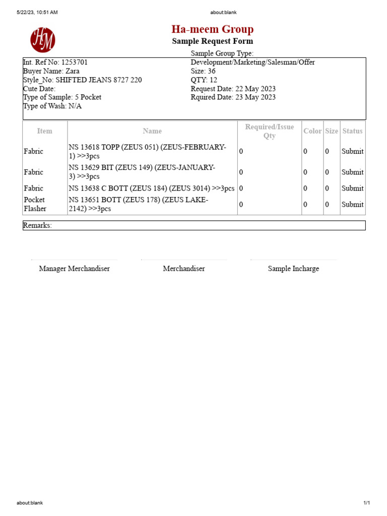 Zara Sample Request Form | PDF