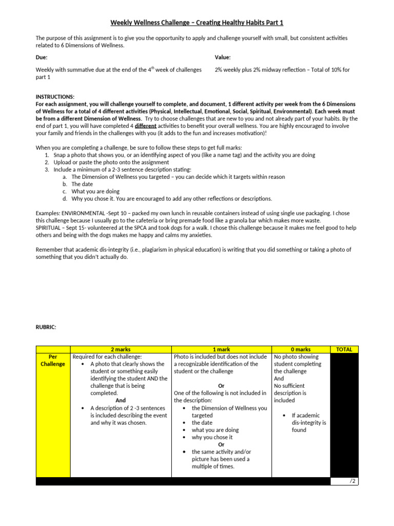 Weekly Wellness Challenge: Healthy Habits | PDF