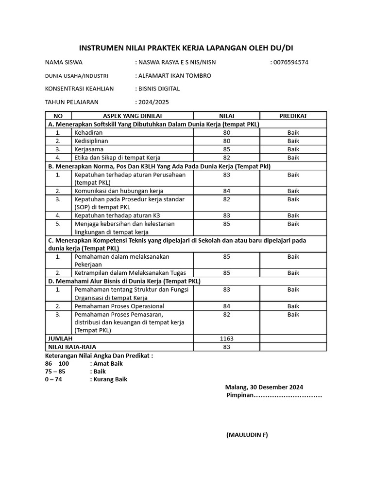 Instrumen Nilai Dudi PKL | PDF