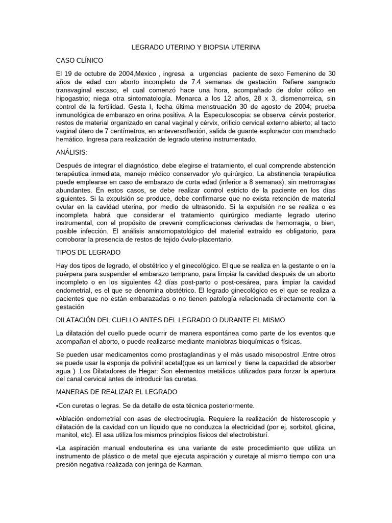 Legrado Uterino: Caso Clínico y Procedimiento | PDF | El embarazo | Útero