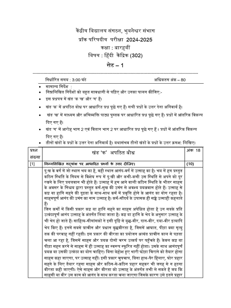 Class XII Hindi 5 Best Preboard Questions Papers | PDF