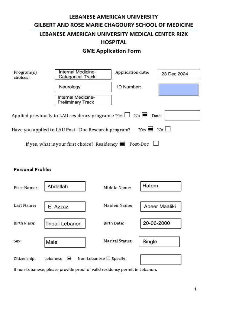 Abdallah El Azzaz Residency - Application - Form | PDF | Lebanon | Medicine