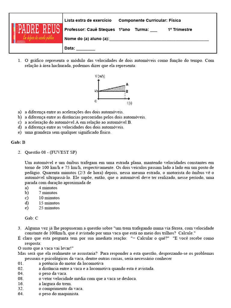 Lista Extra 1o Ano 2024 MRU E MRUV 1o Tri | PDF | Velocidade | Velocidade