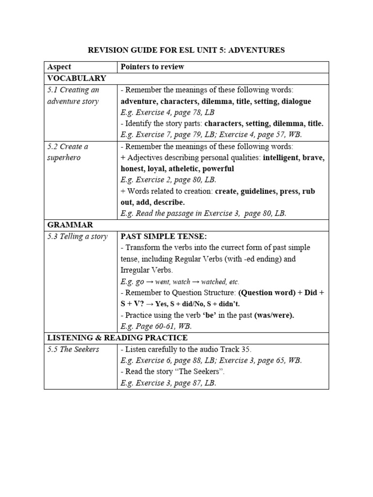 ESL Unit 5 Adventure Revision Guide | PDF