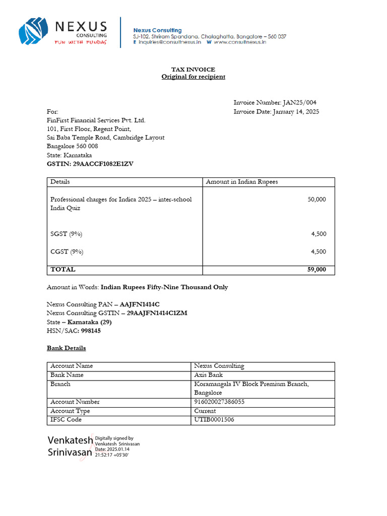 2025-01-14 Nexus FinFirst Indica 2025 Invoice | PDF