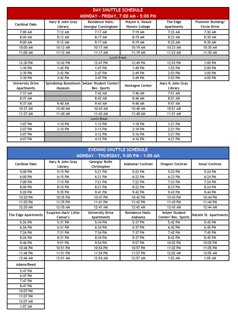 Shuttle Schedule Fall25 | PDF