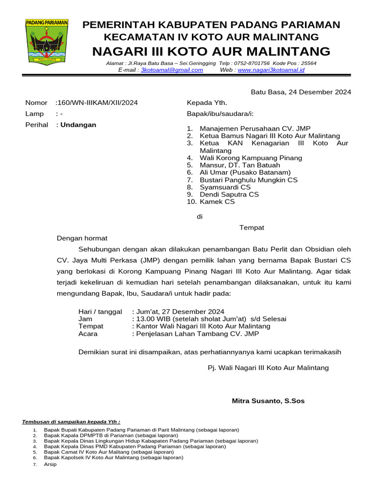 SURAT UNDANGAN PENJELSAHAN LAHAN TAMBANG CV JMP 2024 | PDF