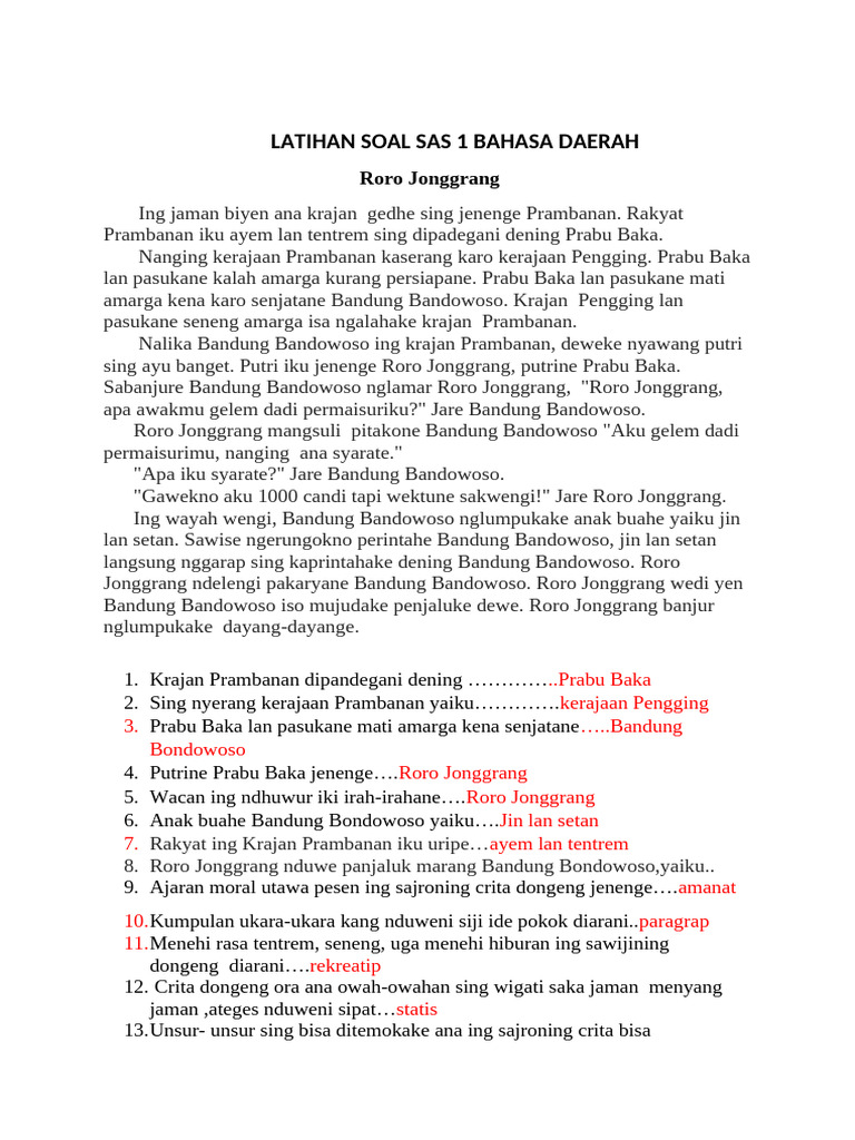 Latihan Soal Sas 1 Bahasa Daerah | PDF