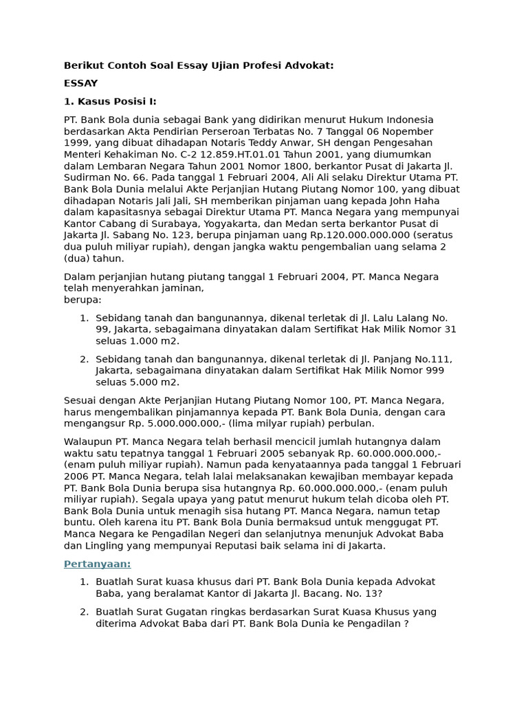 Berikut Contoh Soal Essay Ujian Profesi Advokat | PDF
