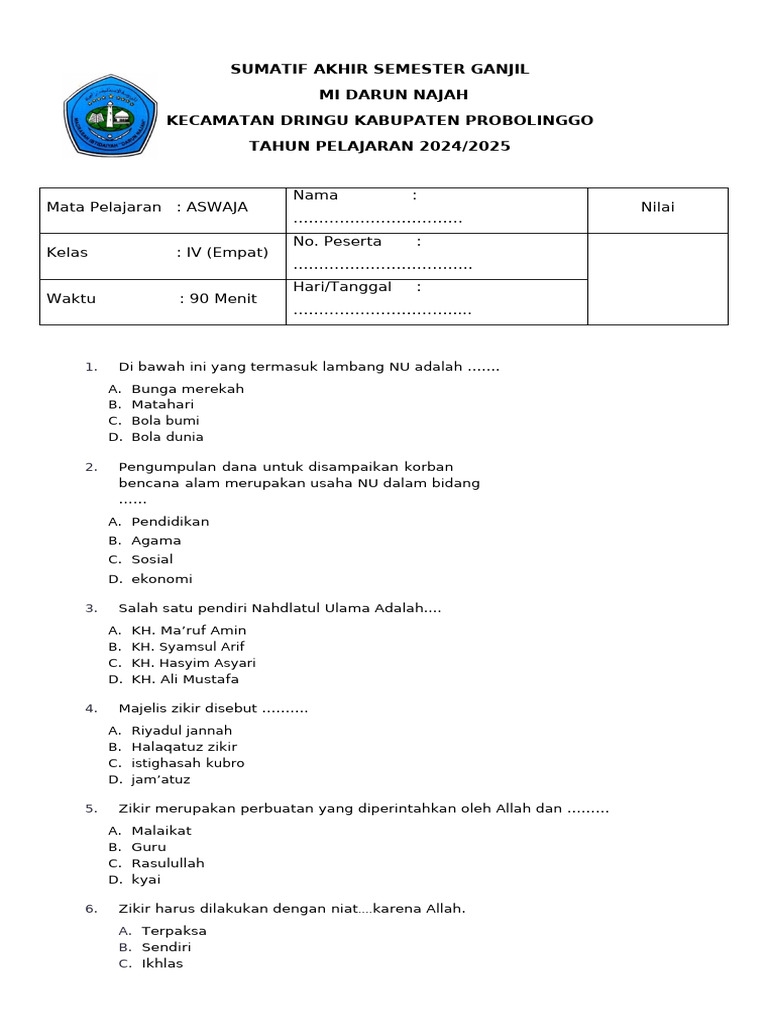 PAS Aswaja Kelas 4 SD | PDF