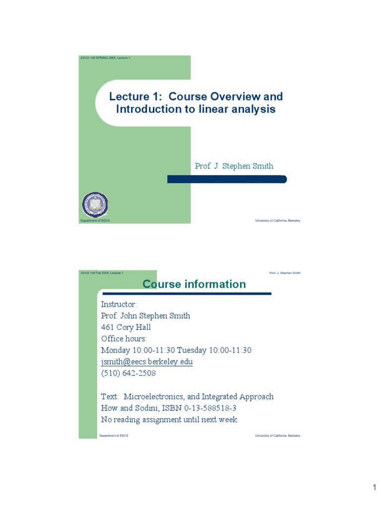 Lecture 1: Course Overview and Introduction To Linear Analysis | PDF | Amplifier | Transistor