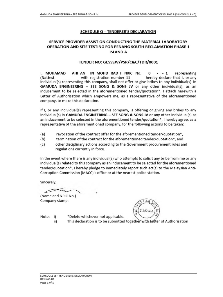 Schdule Q - Tenderer'r Declaration | PDF