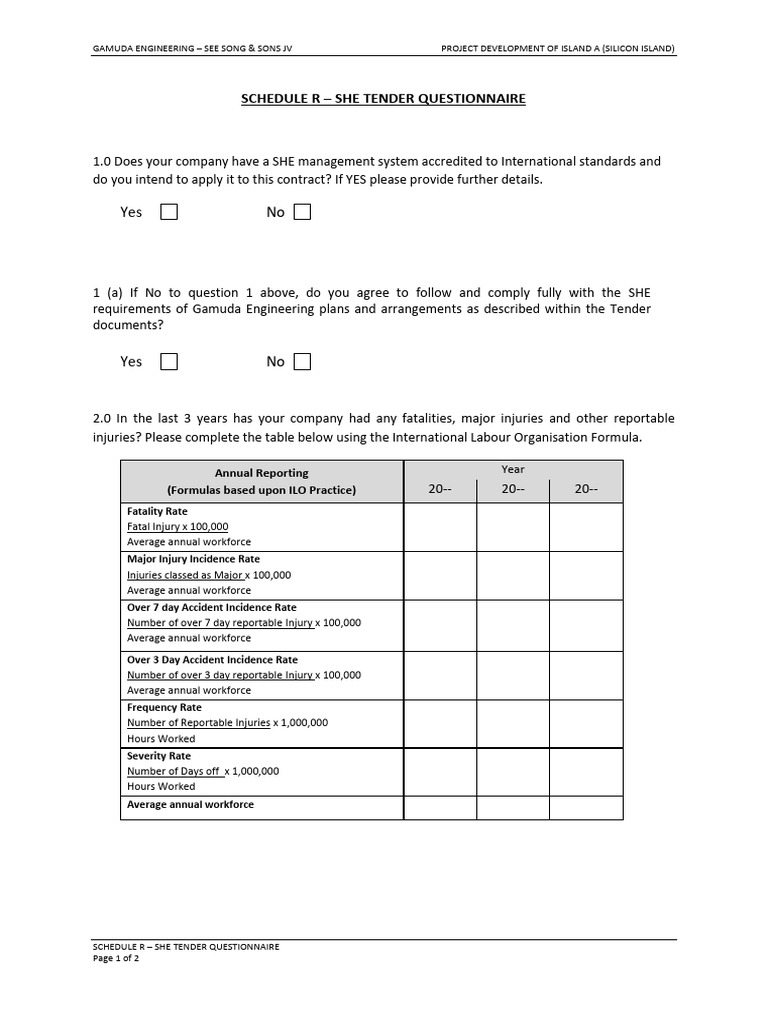 Schedule R - She Tender Questionnaire | PDF | Occupational Safety And ...
