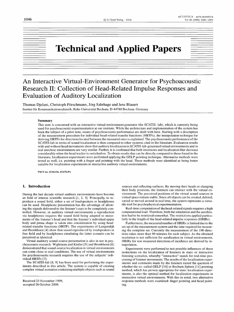 An Interactive Virtual-Environment Generator For Psychoacoustic Research II | PDF | Acoustics ...