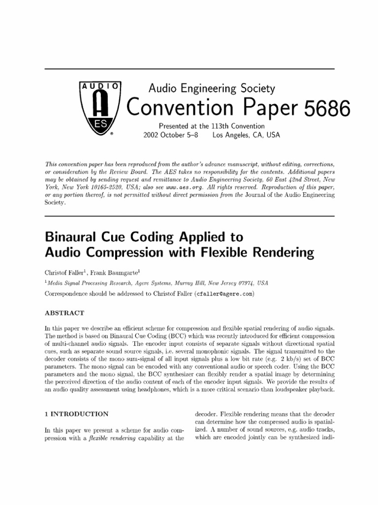 Binaural Cue Coding Applied To Audio Compression With Flexible Rendering | PDF | Codec | Data ...