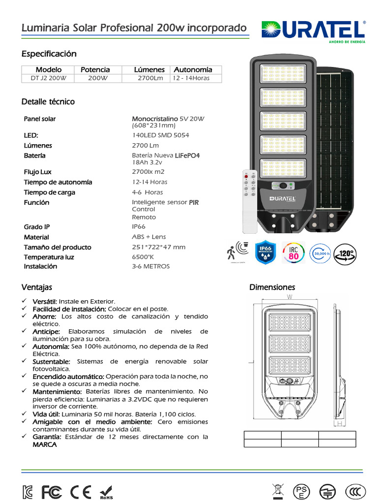 Luminaria Solar Profesional 200W Duratel | PDF