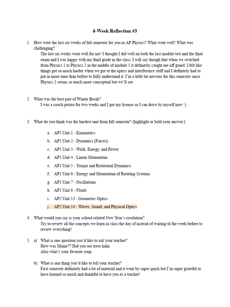AP Physics Fall Semester Reflection | PDF