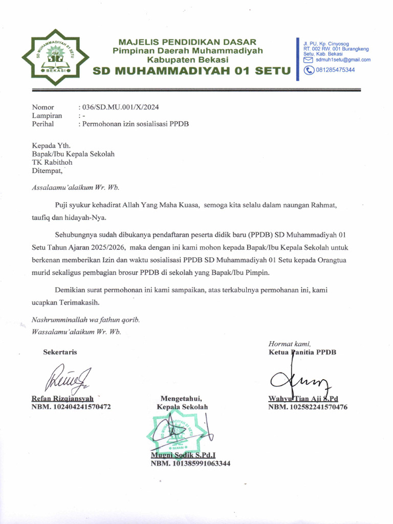 Surat Izin Sosialisasi SD ke TK Robitoh | PDF