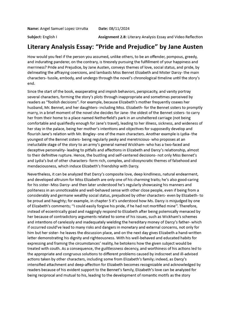 ''Pride and Prejudice'' by Jane Austen - Literary Analysis | PDF ...