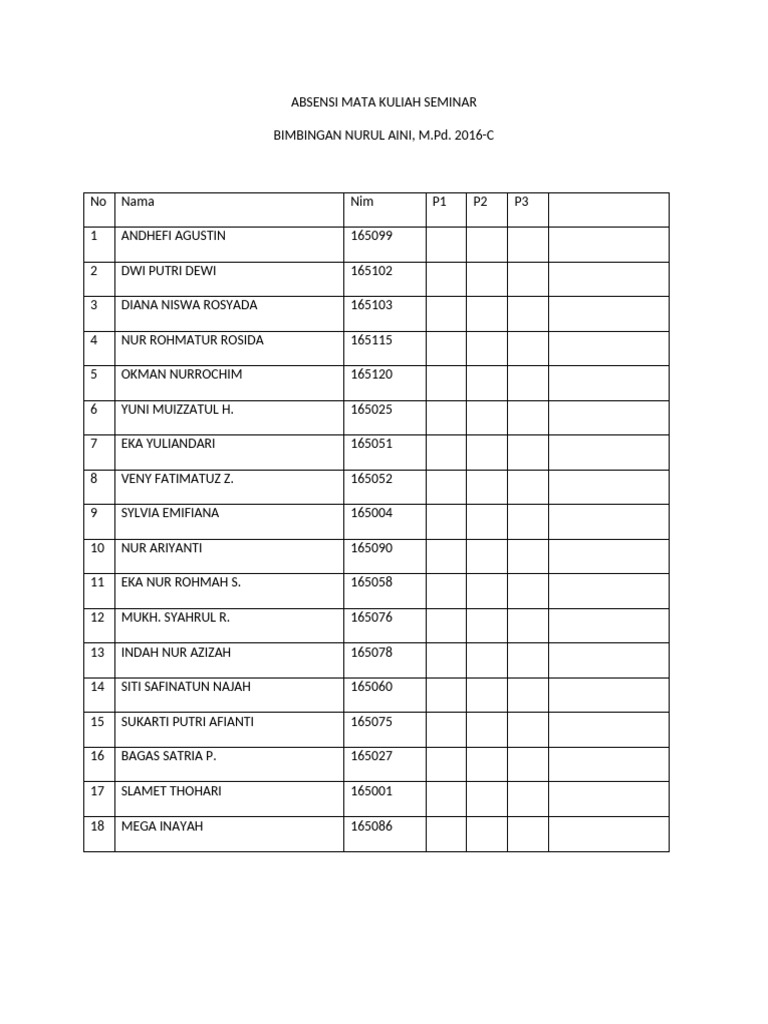 Absensi Mata Kuliah Seminar Bu Nurul | PDF