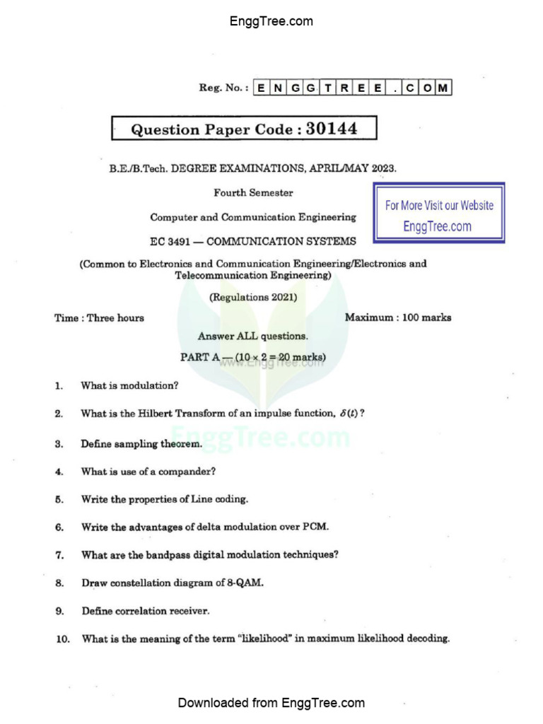 EC3491 Communication Systems Apr May 2023 Question Paper Download | PDF
