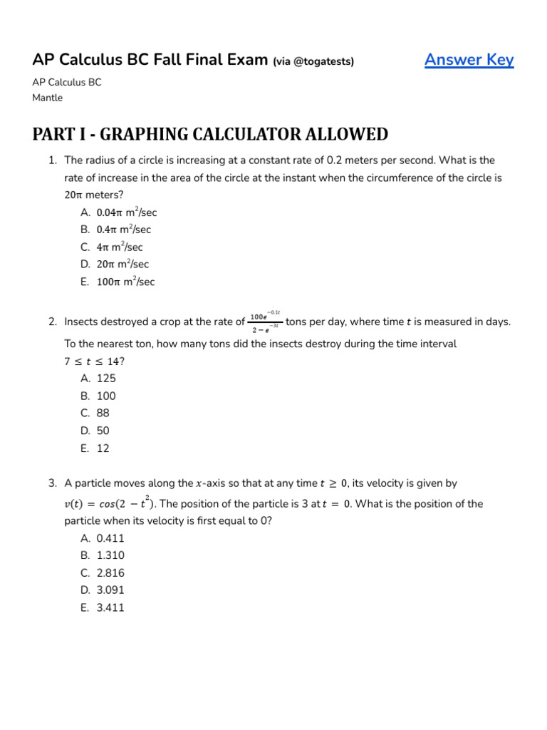 AP Calculus BC Fall Final Exam 2024 | PDF | Tangent | Pi