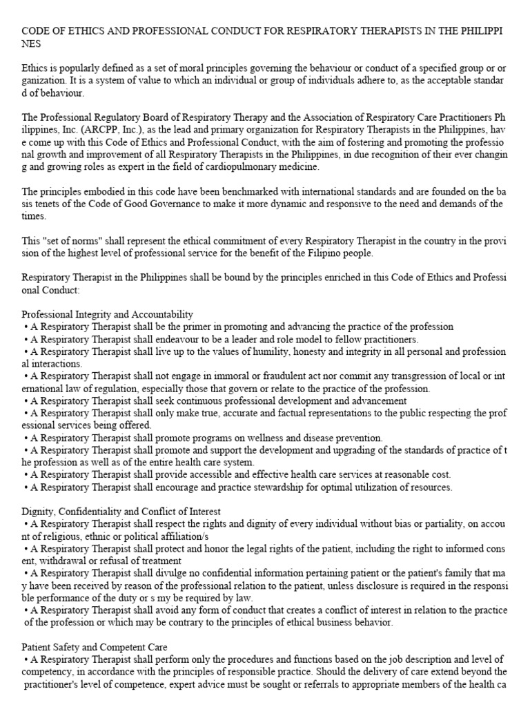 Code of Ethics Respiratory Therapy Education | PDF