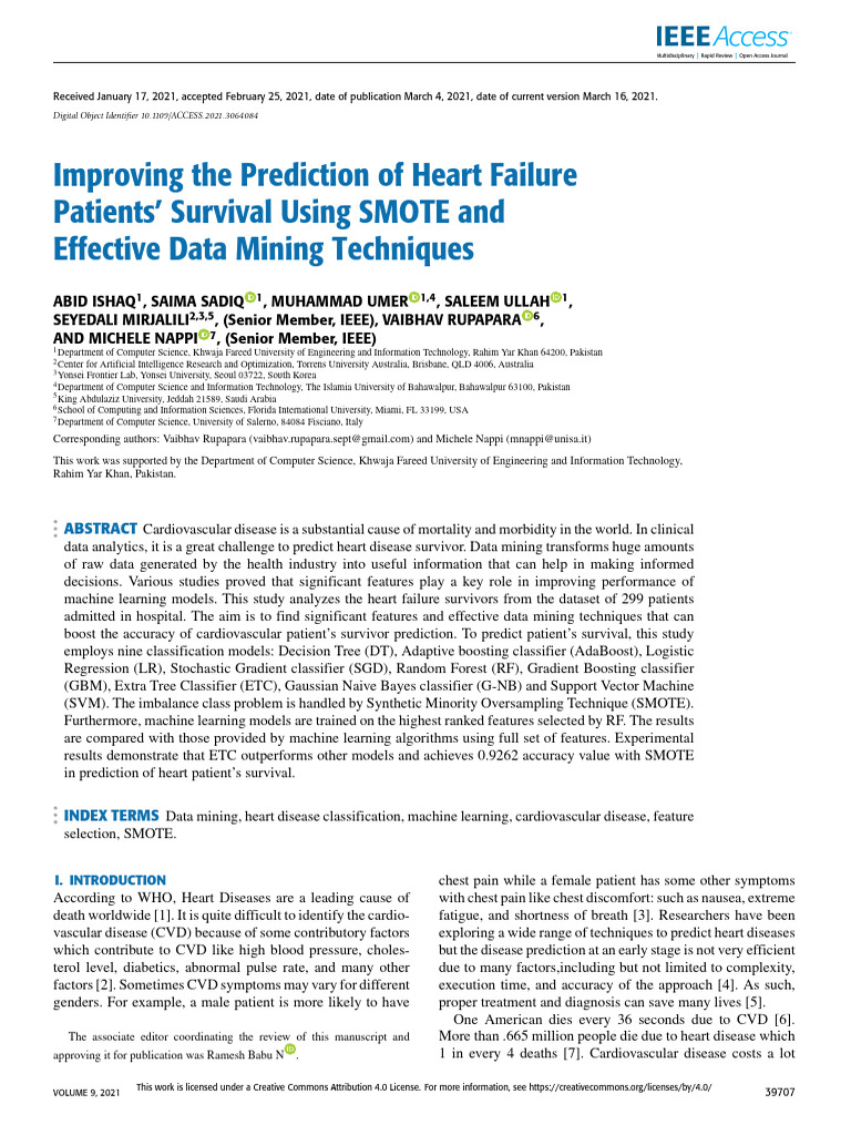 2021 Improving the Prediction of Heart Failure Patients x2019 Survival Using SMOTE and Effective ...