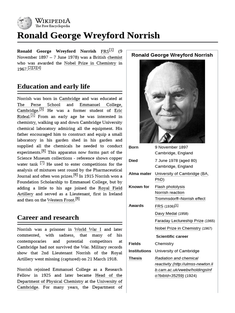 Ronald George Wreyford Norrish | PDF | Chemistry | Physical Sciences