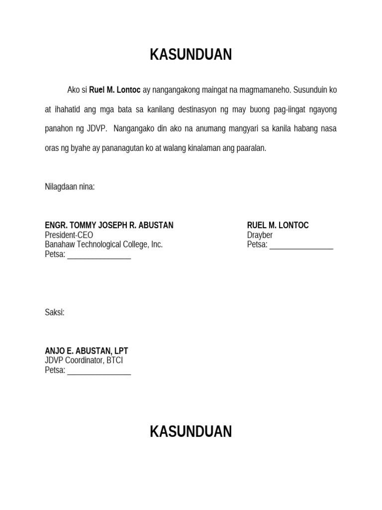 Kasunduan - JDVP | PDF