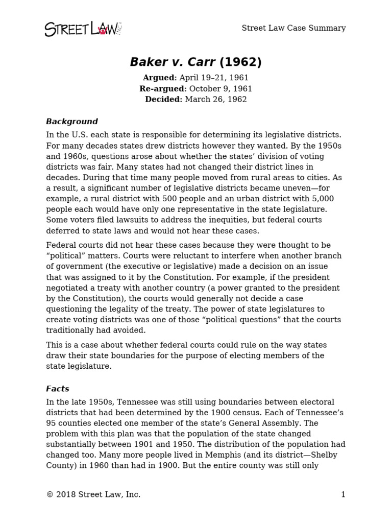Baker v. Carr Case Summary (1962) | PDF | Baker V. Carr | Equal ...