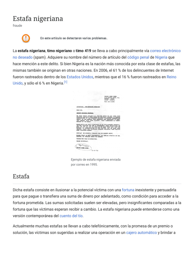 Estafa nigeriana - Wikipedia, la enciclopedia libre | PDF