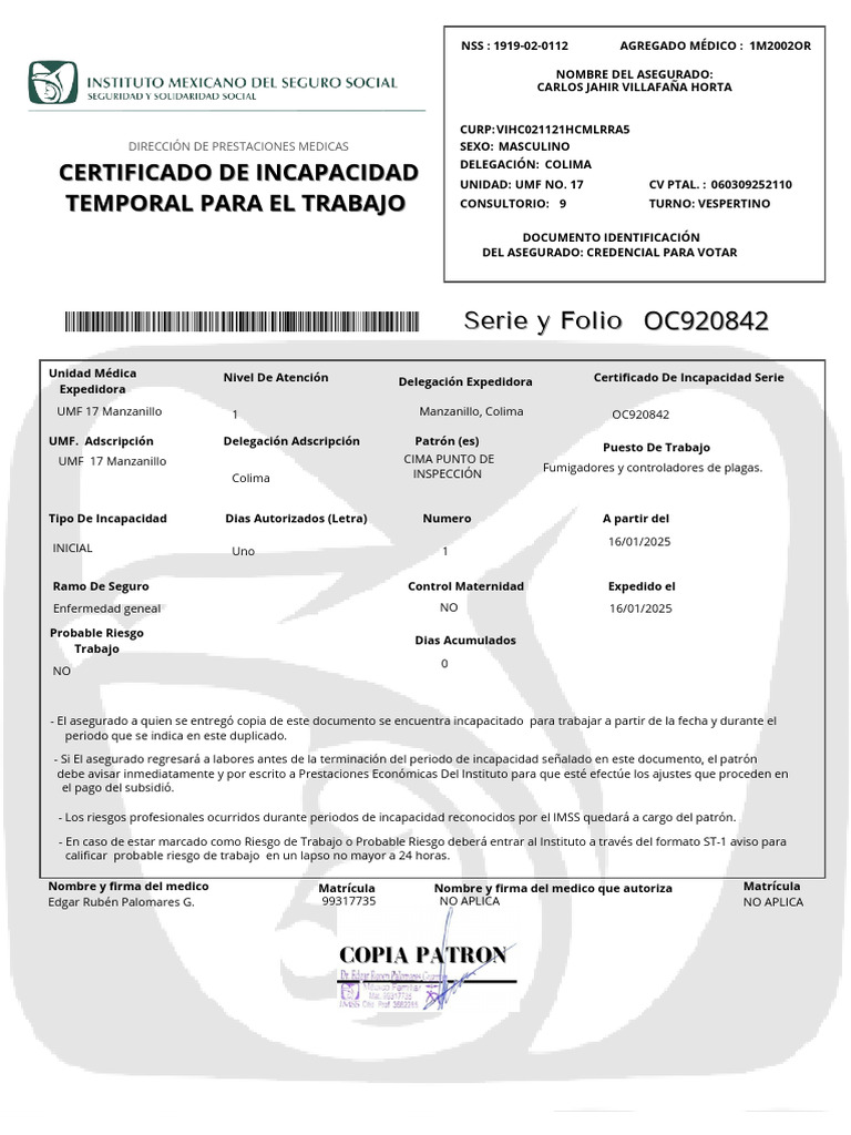 Certificado de Incapacidad Temporal para El Trabajo - 20250116 - 155932 ...