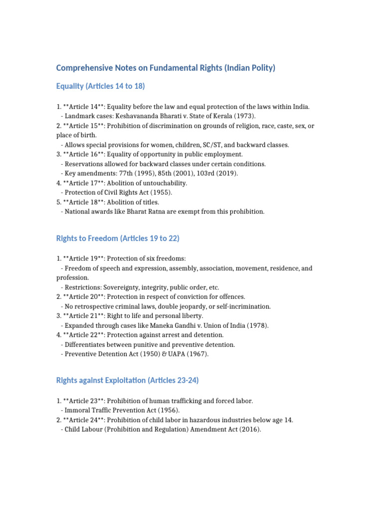 Fundamental Rights Notes UPSC | PDF | Justice | Crime & Violence