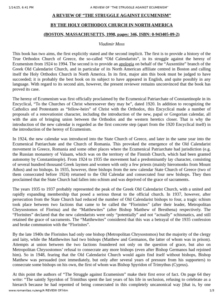 A Review of "The Struggle Against Ecumenism" | PDF | Christian ...
