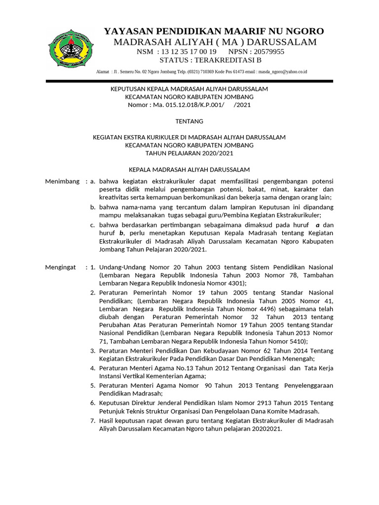 @ Contoh SK Kegiatan Ekstrakurikuler | PDF