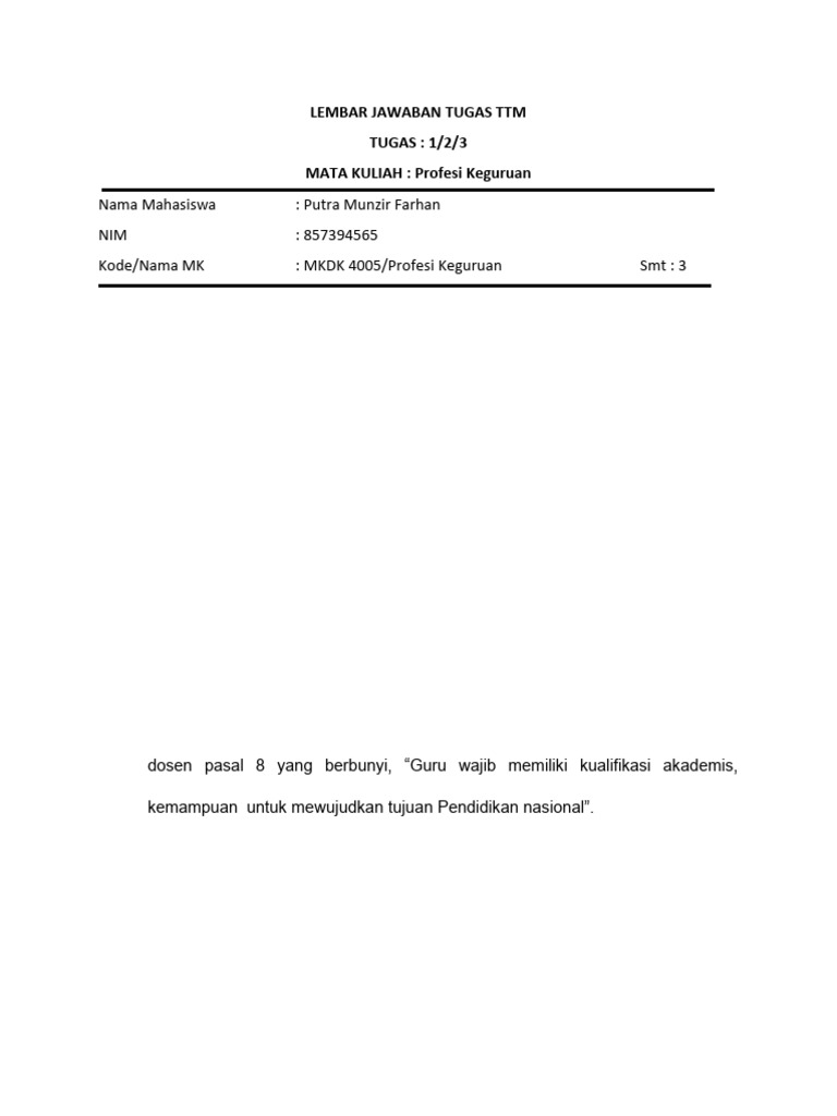 LEMBAR JAWABAN TUGAS TTM -Profesi keguruan | PDF
