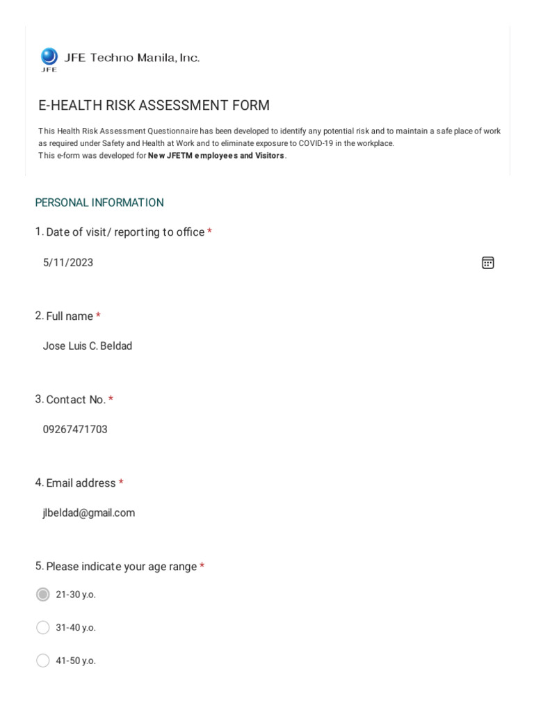 E-HEALTH RISK ASSESSMENT FORM | PDF | Epidemiology | Health Sciences