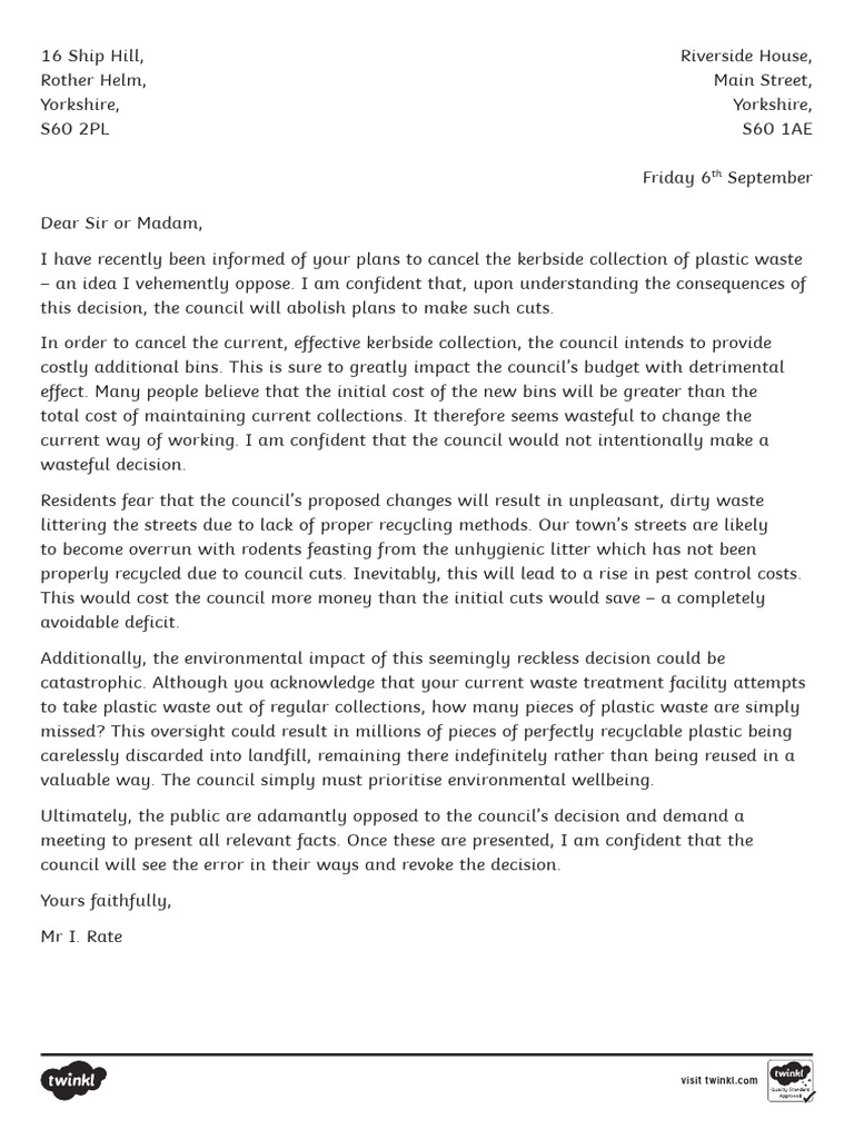 Persuasive Letter Example Recycling Plastic Waste | PDF | Recycling | Waste