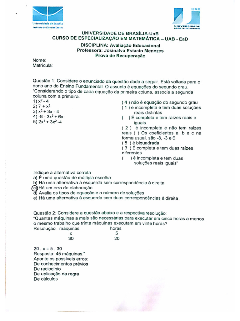 Prova de Recuperação Avaliação Educacional James Mendonça Oliveira | PDF