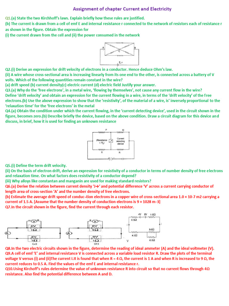 Current and Electricity Assignment | PDF | Electrical Resistance And Conductance | Voltage