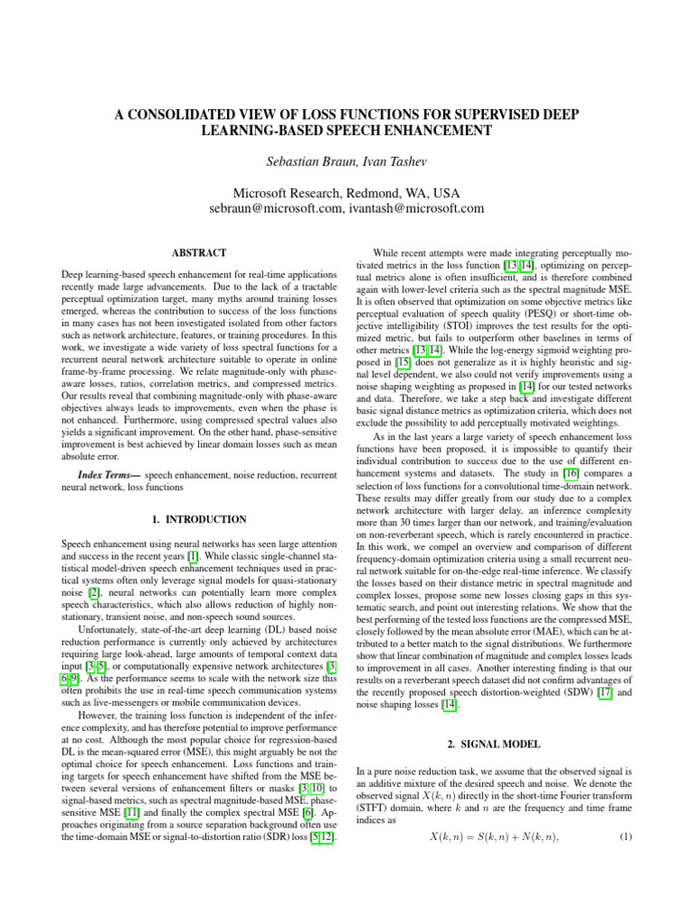 A Consolidate View of Loss Functions for Supervised Deep Learning-Based Speech Enhancement | PDF ...