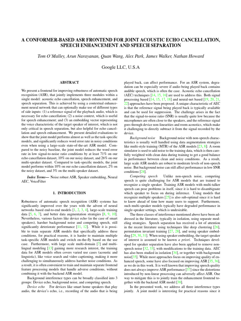 A Conformer-Based ASR Frontend For Joint Acoustic Echo Cancellation, Speech Enhancement and ...