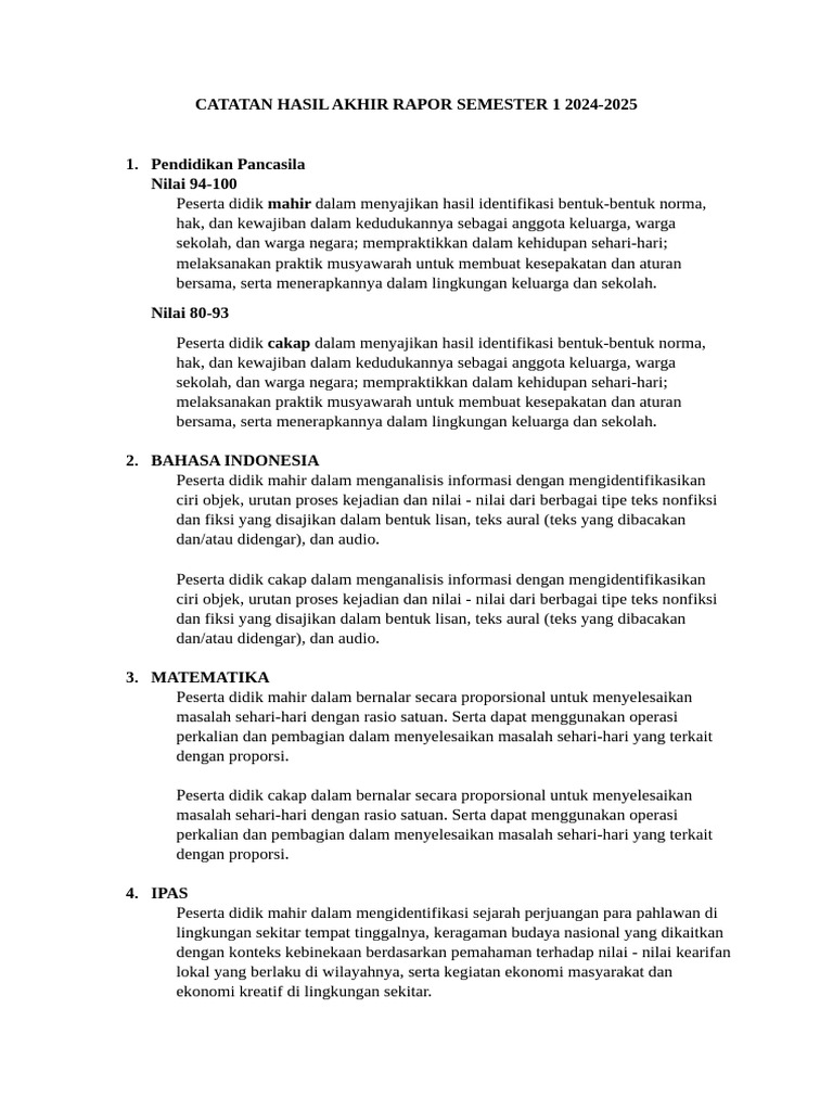 CATATAN HASIL AKHIR RAPOR SEMESTER 1 2024 | PDF