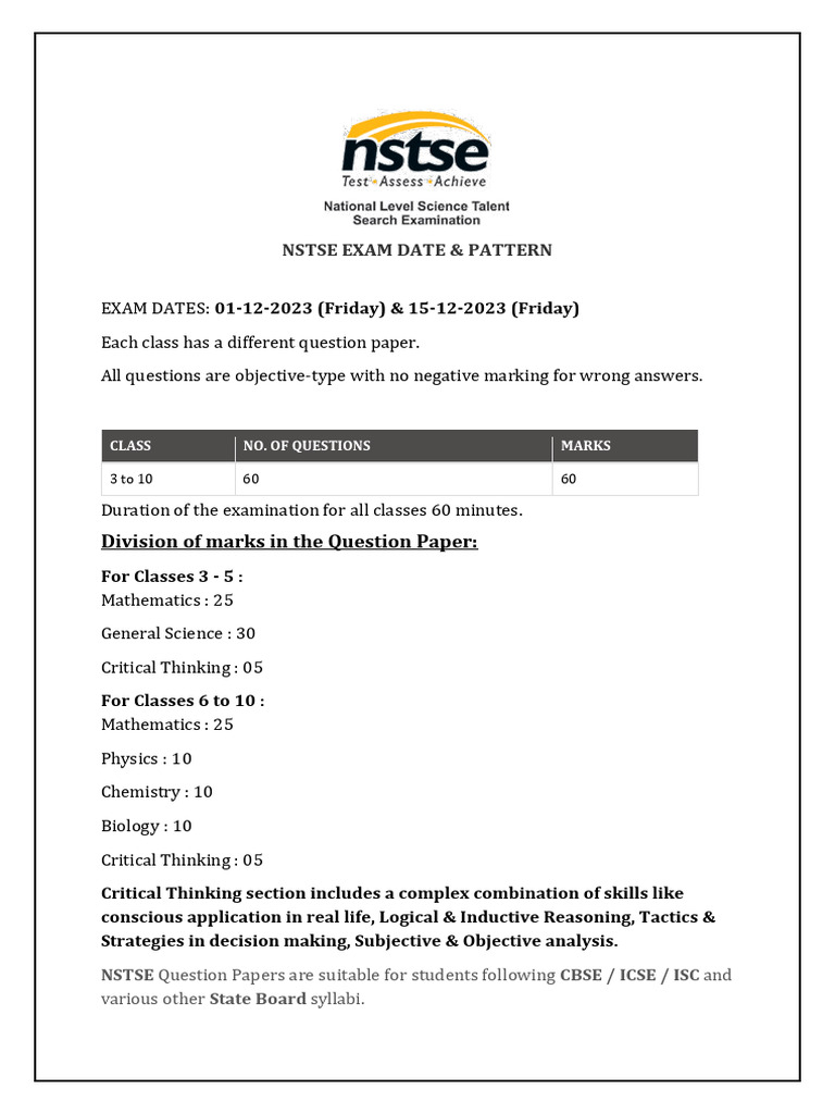 NSTSE Exam Details for Students | PDF