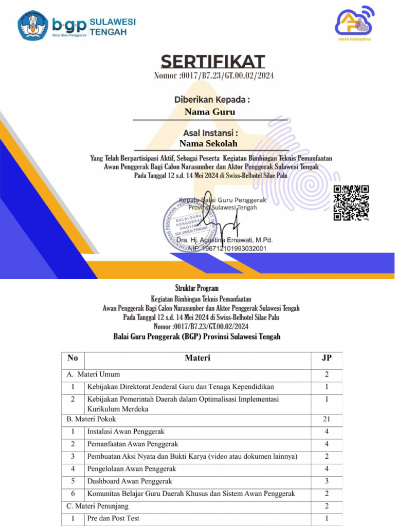 Sertifikat Sertifikat Bimtek Pemanfaatan Awan Penggerak Bagi Calon Narasumber Dan Aktor ...