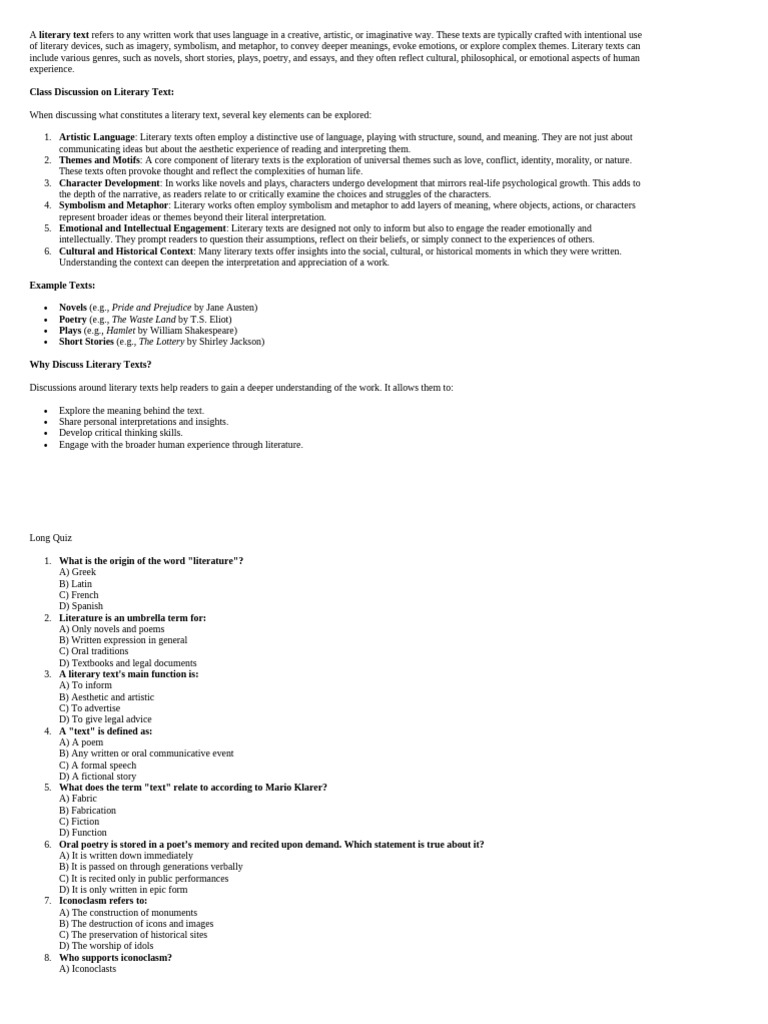 WEEK 1 A Literary Text Refers To Any Written Work That Uses Language in ...