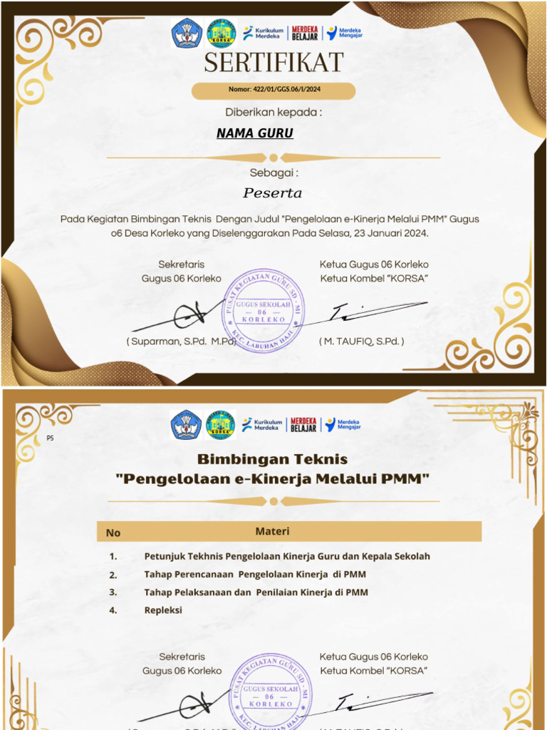 Sertifikat Bimtek Pengelolaan e Kinerja PMM | PDF
