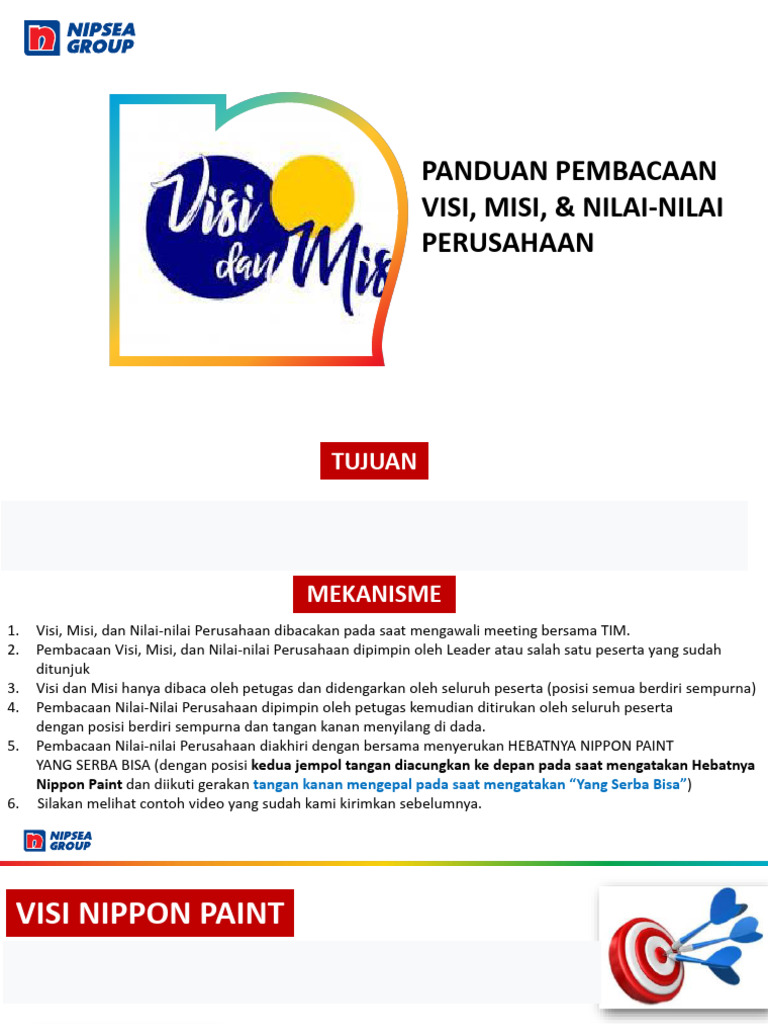 Update Panduan Pembacaan Visi Misi & Nilai-Nilai Perusahaan & Syair Lagu Nippon Paint | PDF