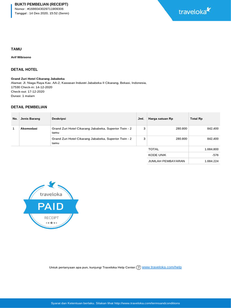 Receipt Hotel Wikwik | PDF